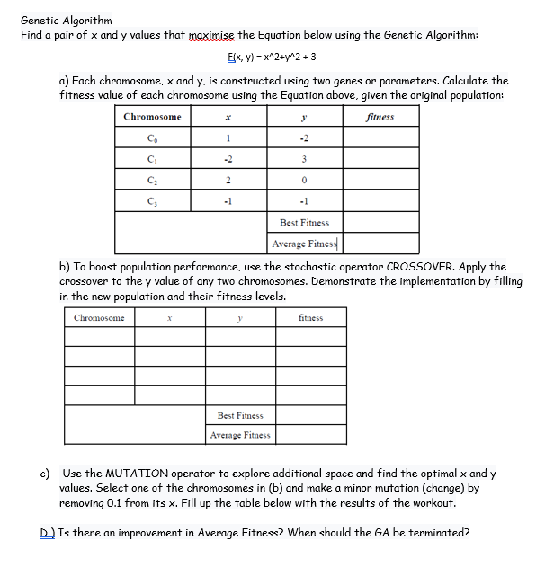 Solved Genetic Algorithm Find a pair of x and y values that | Chegg.com