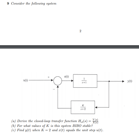 Solved 9 Consider the following system e(t) x(t) y(t) s+1 | Chegg.com