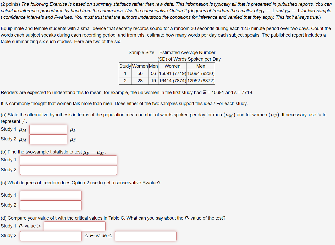 Solved (2 points) The following Exercise is based on summary | Chegg.com