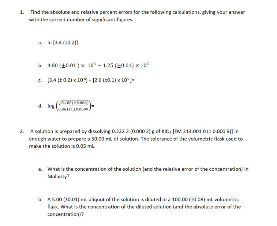 Solved Find the absolute and relative percent errors for the | Chegg.com