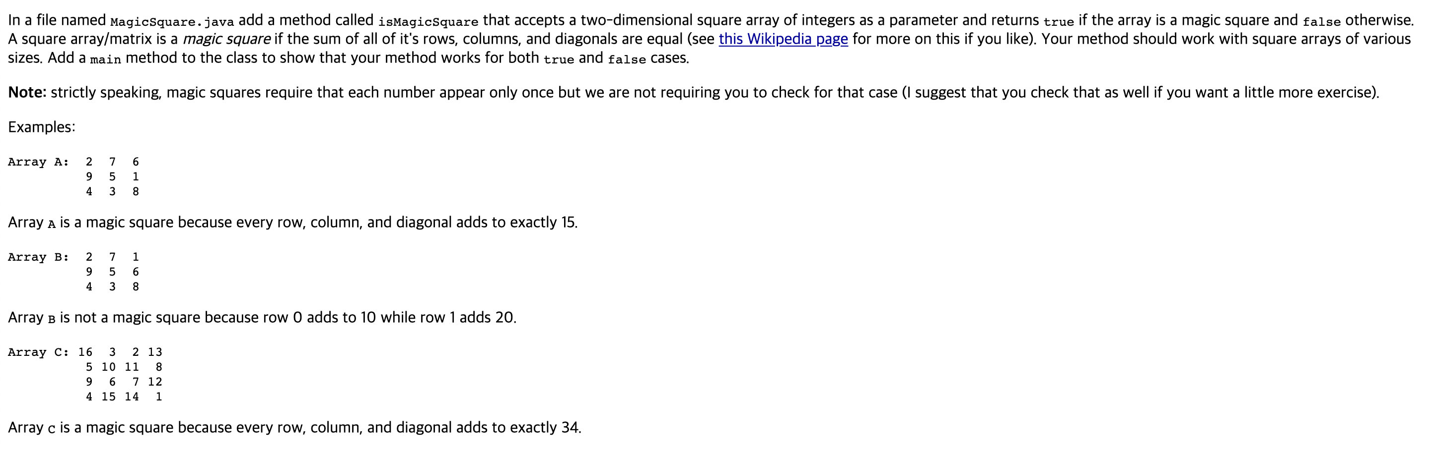 Solved In a file named MagicSquare.java add a method called | Chegg.com