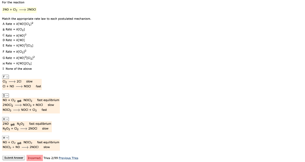 Solved For the reaction 2NO+Cl2 2NOCl Match the appropriate | Chegg.com