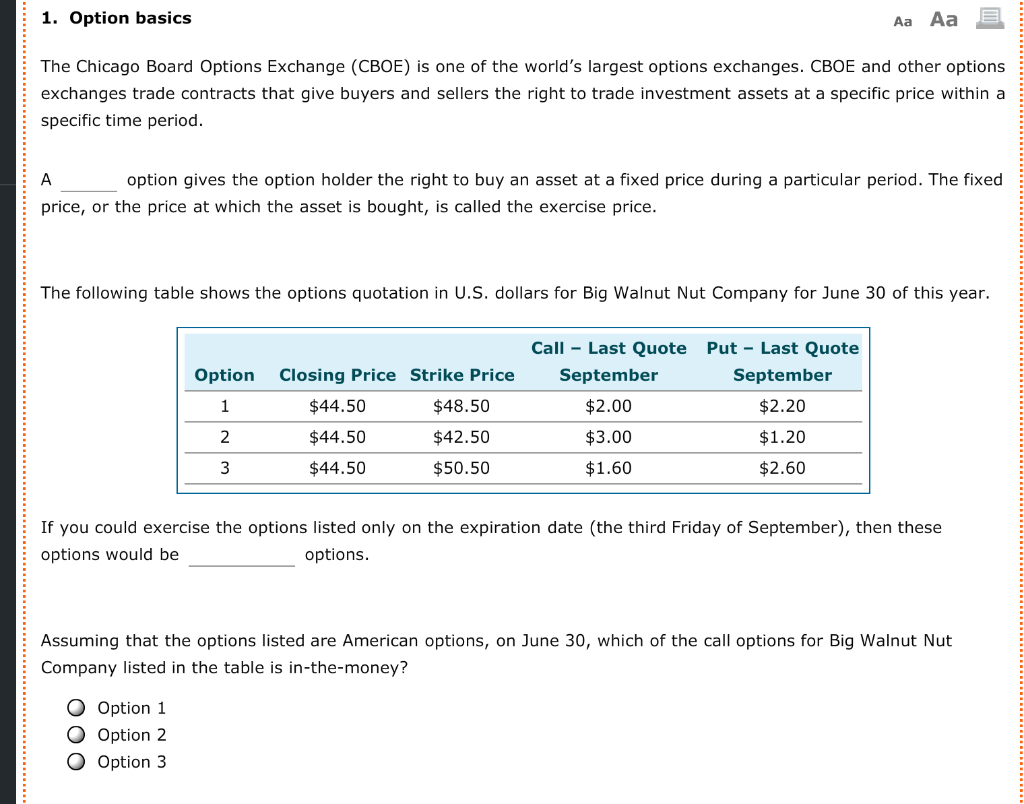 Solved 1. Option basics Aa Aa The Chicago Board Options | Chegg.com