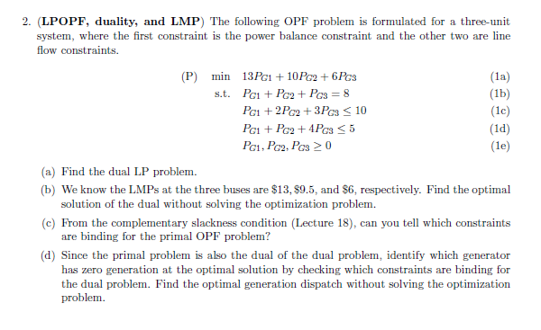 Solved 2. (LPOPF, duality, and LMP) The following OPF | Chegg.com