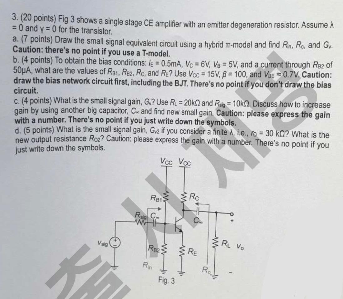 Solved 3. (20 points) Fig 3 shows a single stage CE | Chegg.com