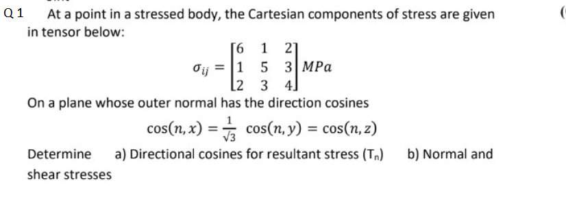 Solved Q1 At a point in a stressed body, the Cartesian | Chegg.com