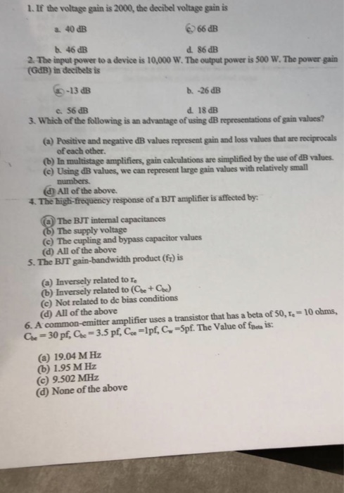 Solved 1. If the voltage gain is 2000, the decibel voltage | Chegg.com