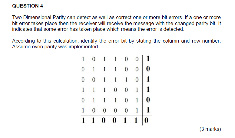 Solved QUESTION 4 Two Dimensional Parity can detect as well | Chegg.com