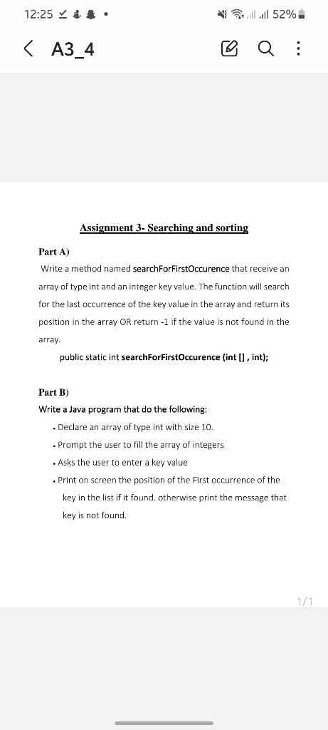 Solved Part A) Write a method named searchForFirstOccurence | Chegg.com