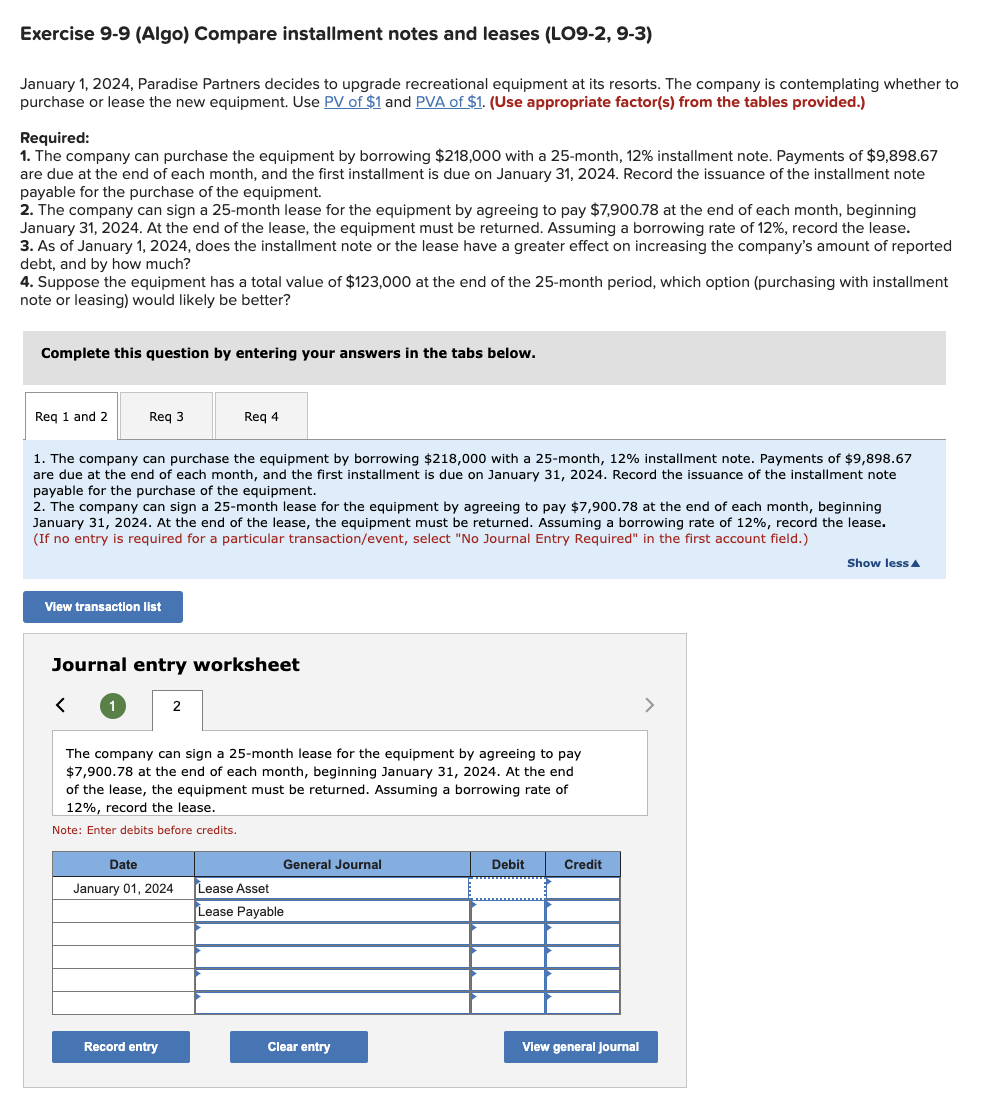 Solved Exercise 9-9 (Algo) ﻿Compare installment notes and | Chegg.com
