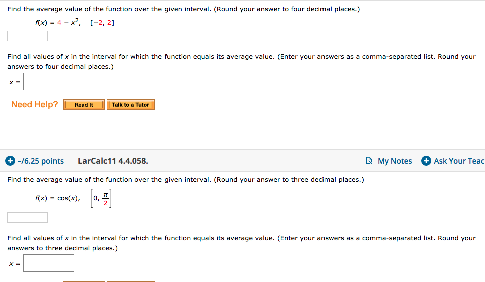 Solved Find the average value of the function over the given | Chegg.com