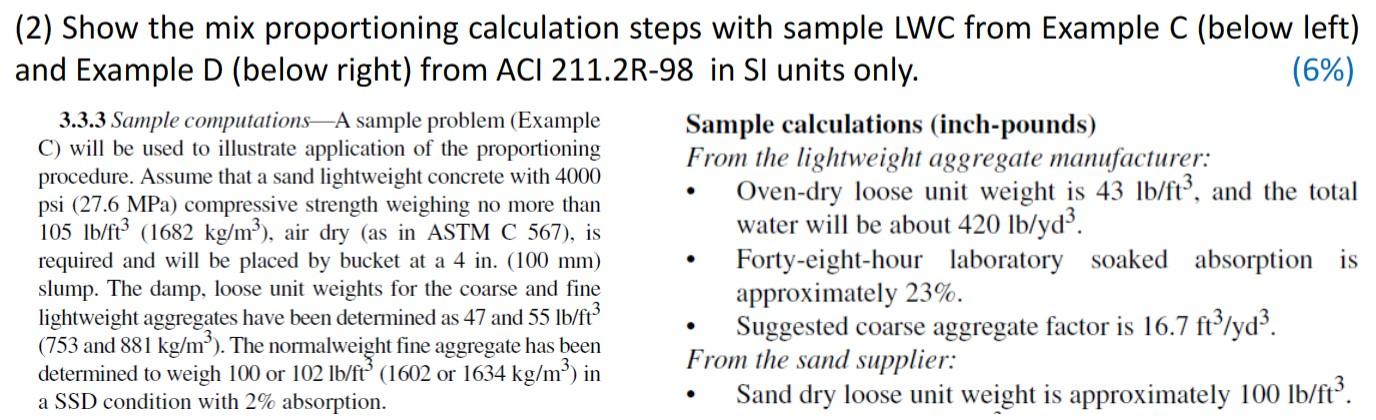 Solved (2) Show the mix proportioning calculation steps with | Chegg.com