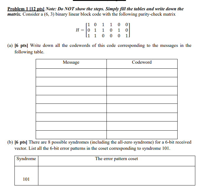 Solved Problem 1 [12 pts] Note: Do NOT show the steps. | Chegg.com