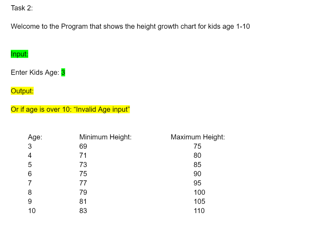 Solved Task 2: Welcome to the Program that shows the height | Chegg.com