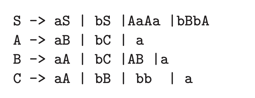 Solved S -> aS | S | AaAa | bBbA A -> aB | C | a B -> aA | C | Chegg.com