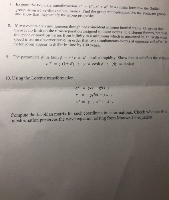 s the Poincare transformation x". L", x. au' in a | Chegg.com