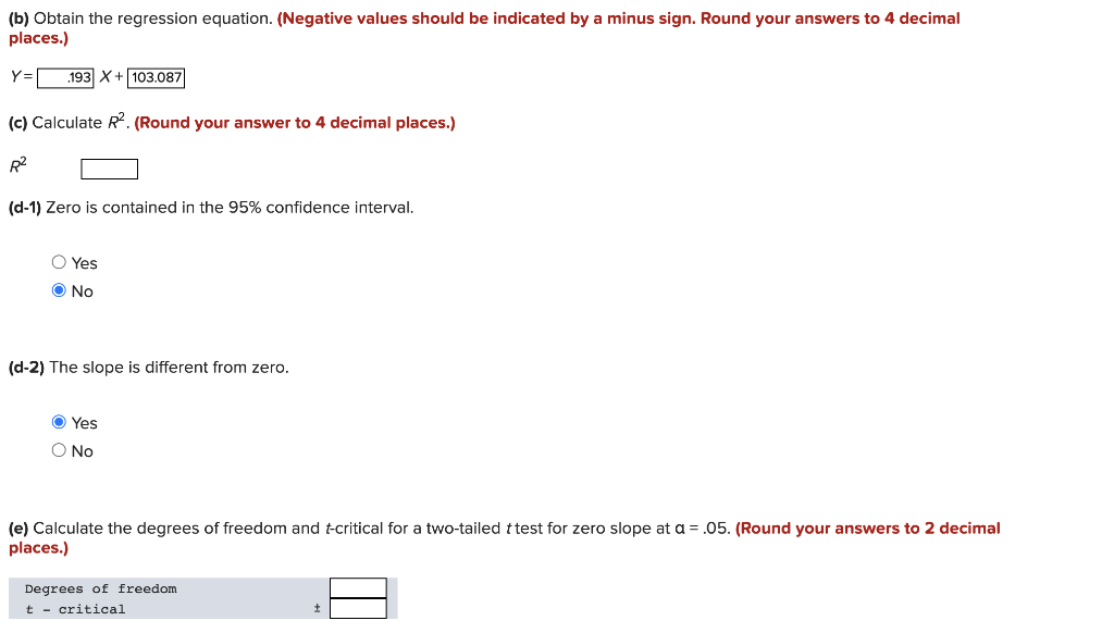 Solved (b) Obtain the regression equation. (Negative values | Chegg.com