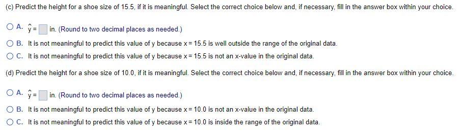 Solved The accompanying data are the shoe sizes and heights | Chegg.com