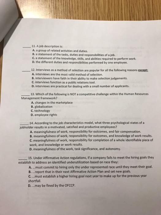 Solved 11. A job description is: A. a group of related | Chegg.com