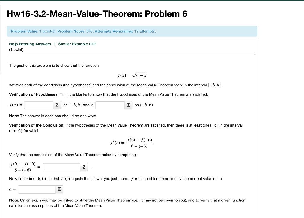 Solved Hw16-3.2-Mean-Value-Theorem: Problem 6 Problem Value: | Chegg.com