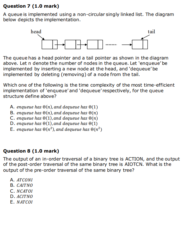 Question 5 (1.0 mark) Assume an integer typed queue | Chegg.com