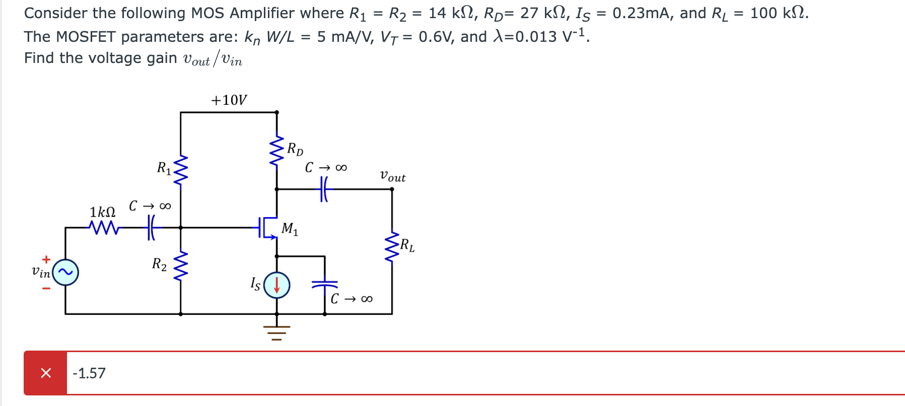 Solved Consider the following MOS Amplifier where | Chegg.com