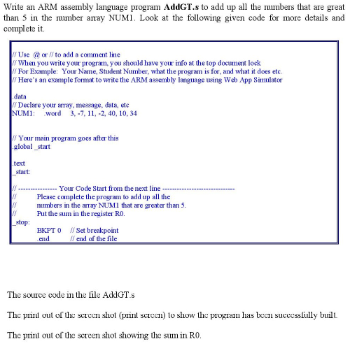 Write an ARM assembly language program AddGT.s to add | Chegg.com