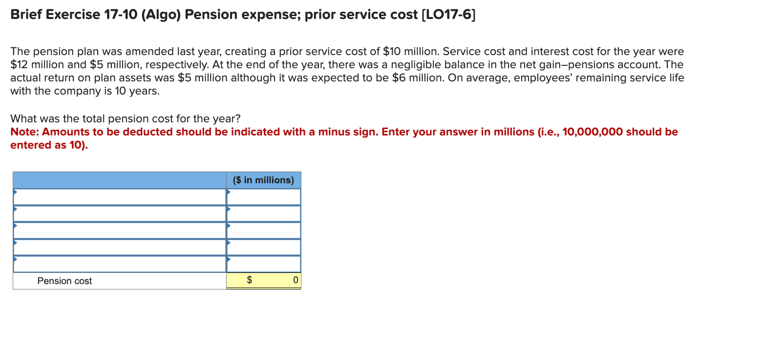 Solved Brief Exercise 17-10 (Algo) Pension expense; prior | Chegg.com