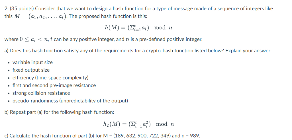 Solved 2. (35 points) Consider that we want to design a hash | Chegg.com