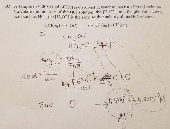Solved Q3 A sample of 0.0084 mol of HCl is dissolved in | Chegg.com