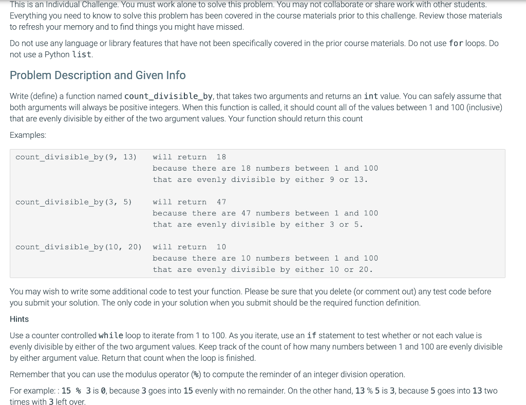 Solved This is an Individual Challenge. You must work alone | Chegg.com