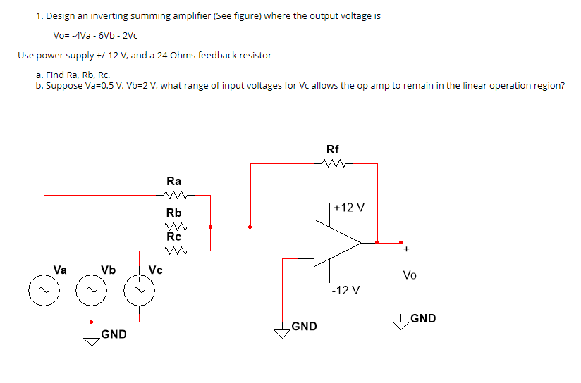 Solved 1. Design an inverting summing amplifier (See figure) | Chegg.com