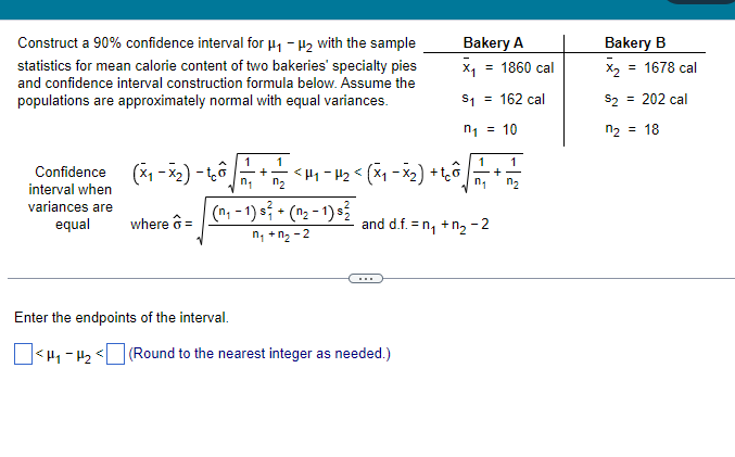 Solved Construct a 90% confidence interval for μ1−μ2 with | Chegg.com