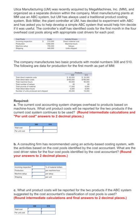 Solved Utica Manufacturing (UM) was recently acquired by | Chegg.com