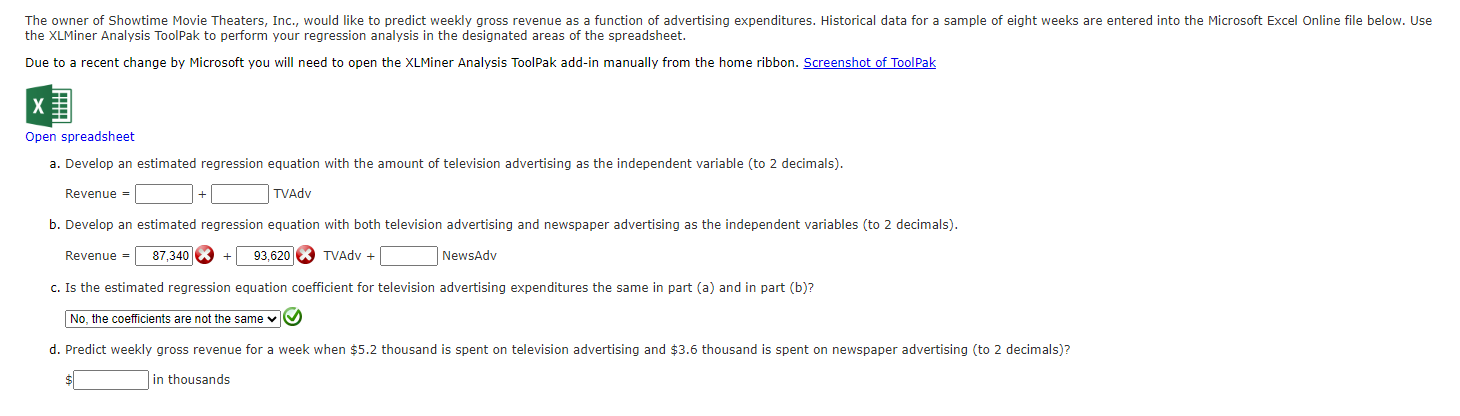 the XLMiner Analysis ToolPak to perform your | Chegg.com