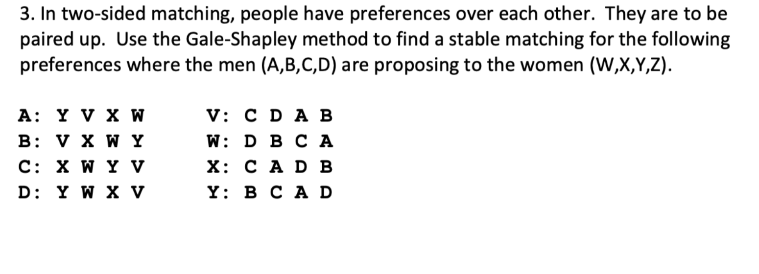 Solved In two-sided matching, people have preferences over | Chegg.com