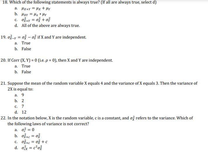 Solved 18. Which of the following statements is always true? | Chegg.com