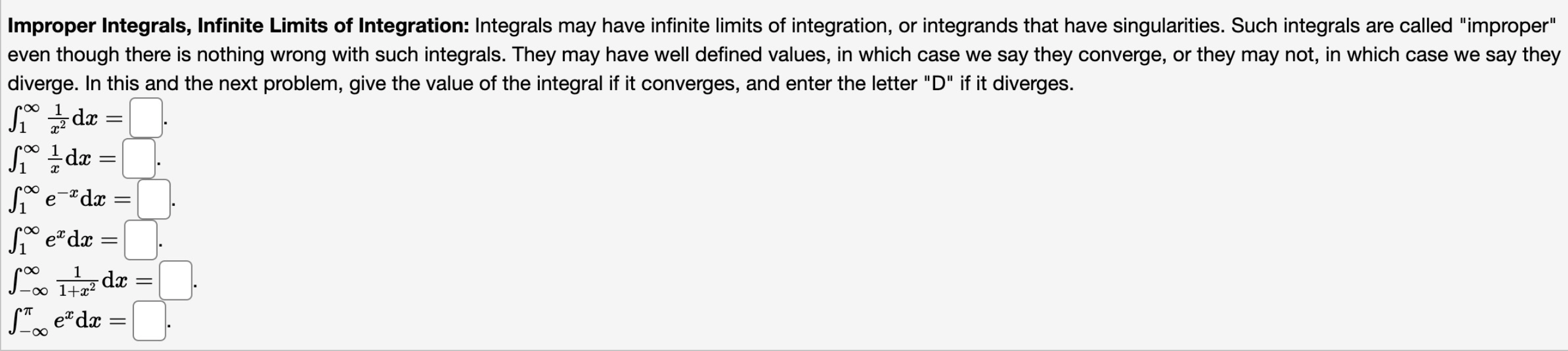 Solved = 1 poo 1 da == 2 Improper Integrals, Infinite Limits | Chegg.com
