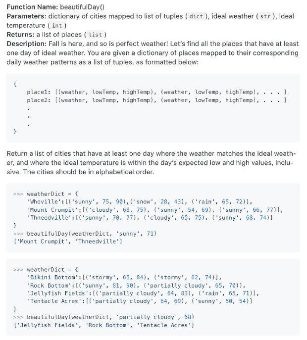 Solved Function Name: beautifulDay Parameters: dictionary of | Chegg.com