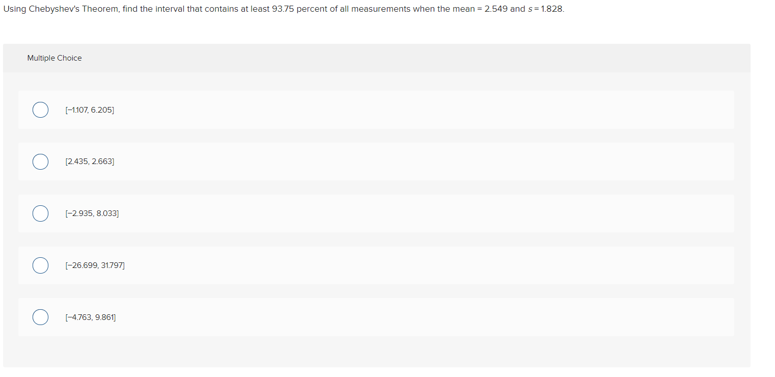 Solved Using Chebyshev's Theorem, find the interval that | Chegg.com