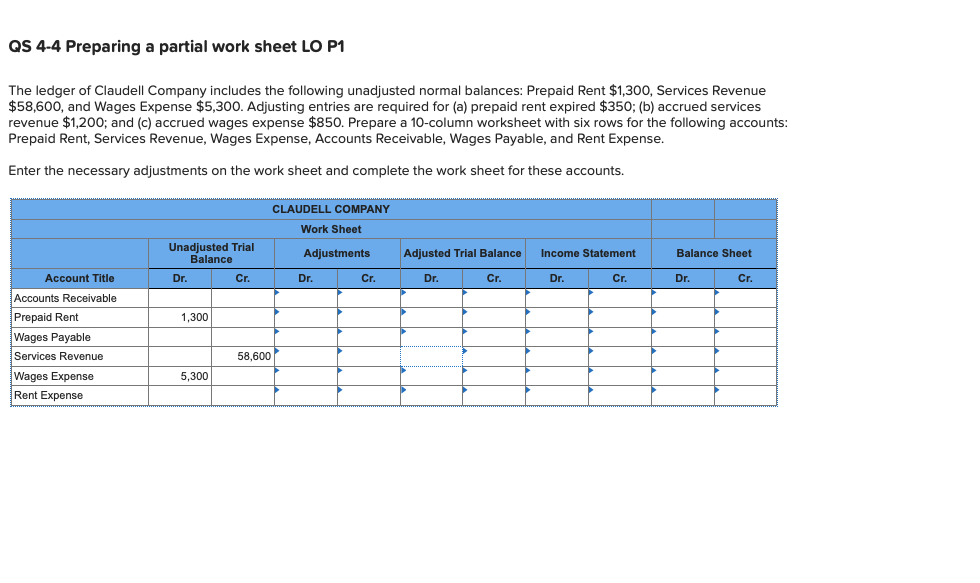 Solved QS 4-4 Preparing a partial work sheet LO P1 The | Chegg.com