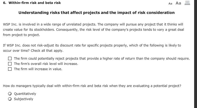 Solved 6. Within-firm risk and beta risk Aa Aa Understanding | Chegg.com