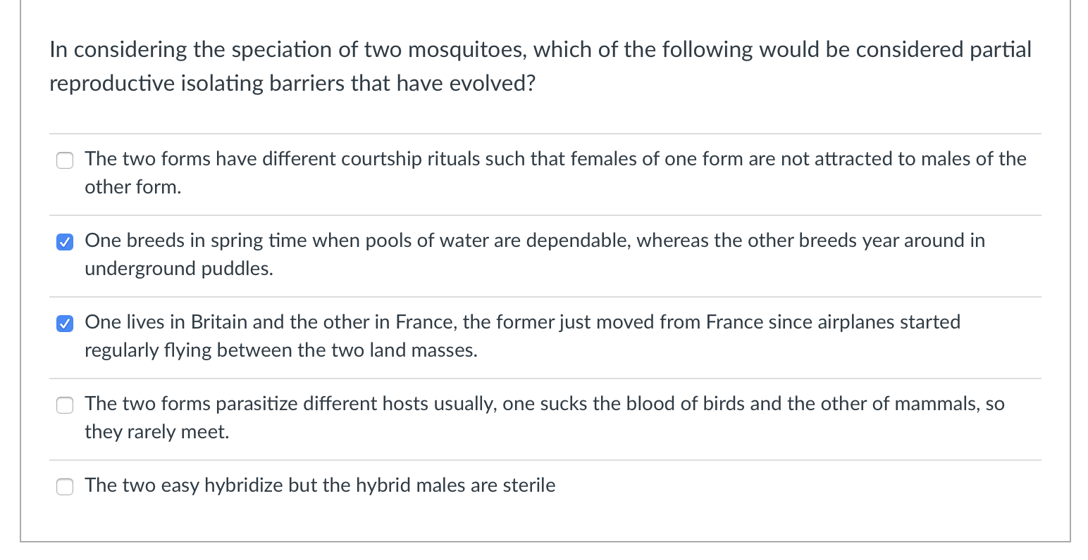 Solved In considering the speciation of two mosquitoes, | Chegg.com