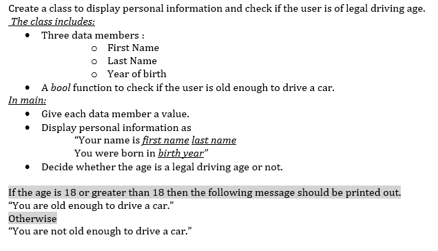 Solved Create a class to display personal information and | Chegg.com