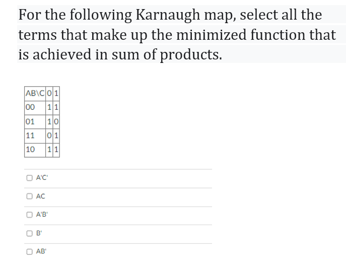 Solved For the following Karnaugh map, select all the terms | Chegg.com