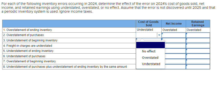 Solved For each of the following inventory errors occurring | Chegg.com