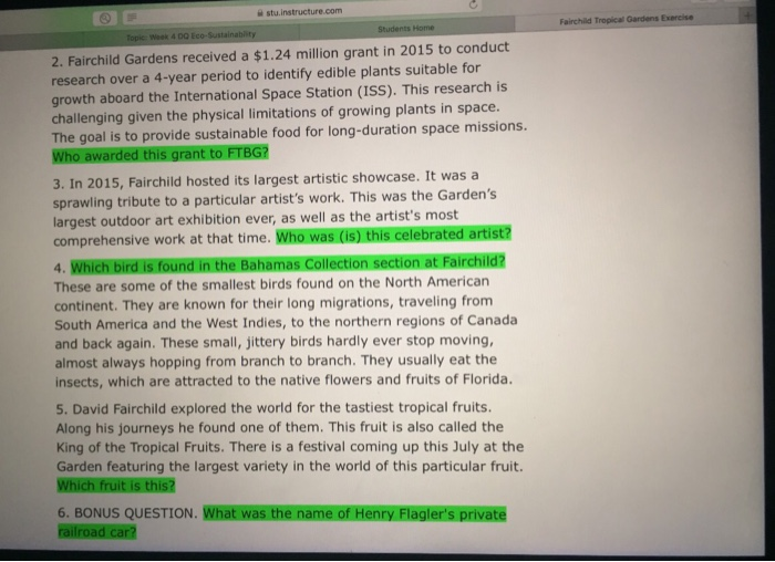 Solved stu.instructure.com Fairchild Tropical Gardens | Chegg.com
