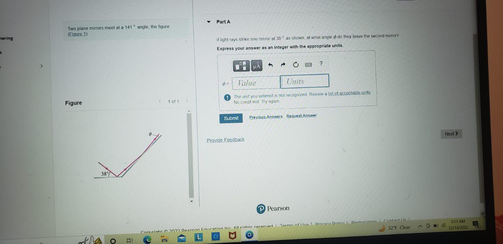 Solved Two plane mirrors meet at a 141∘ angle, the figure. | Chegg.com
