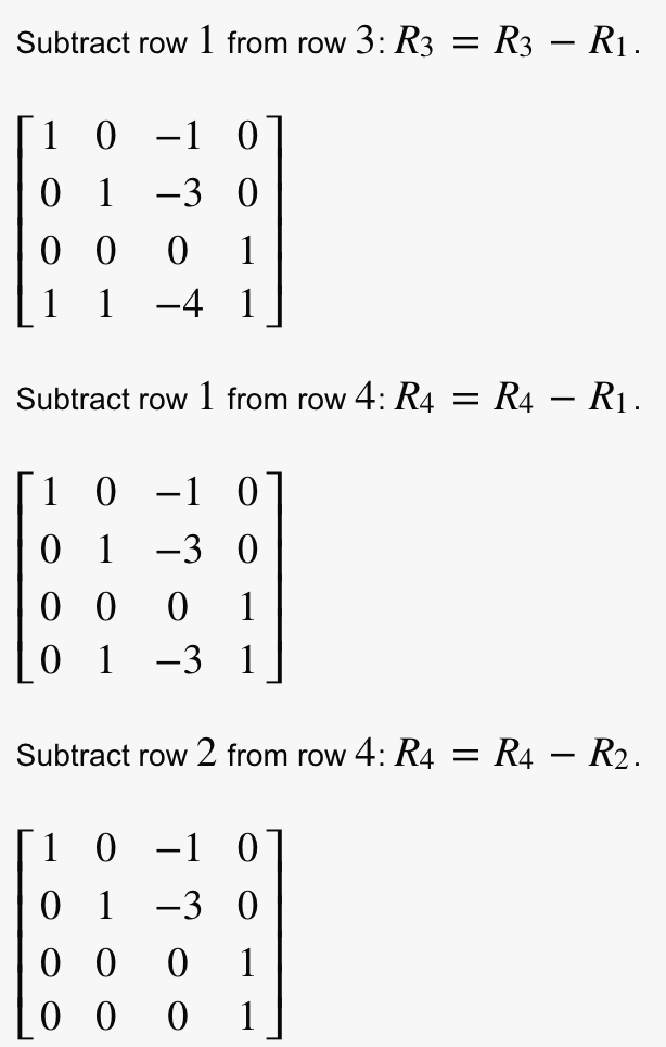 Solved 1 0 0 -1 0 0 1 -3 0 1 0 -1 1 1 1 -4 1 Subtract row | Chegg.com