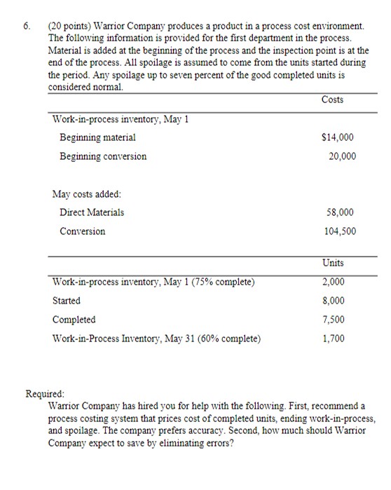 Solved Warrior Company produces a product in a process cost | Chegg.com